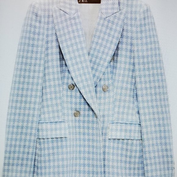 Zara | Jackets & Coats | Zara Ecrublue Double Breasted Houndstooth ...